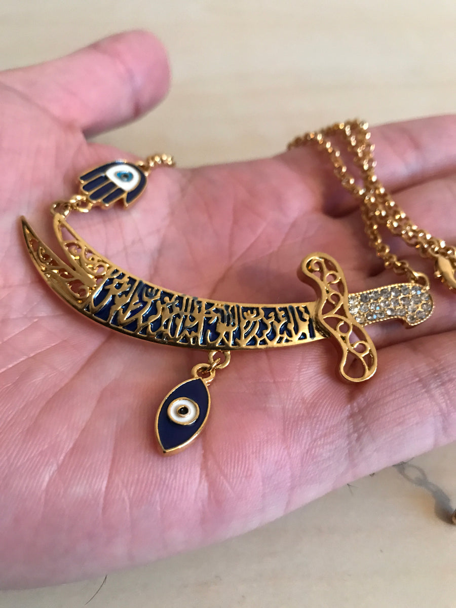 Imam ALI Zulfiqar Shia Muslim Sword Hand of Fatima Necklace Pendant ...